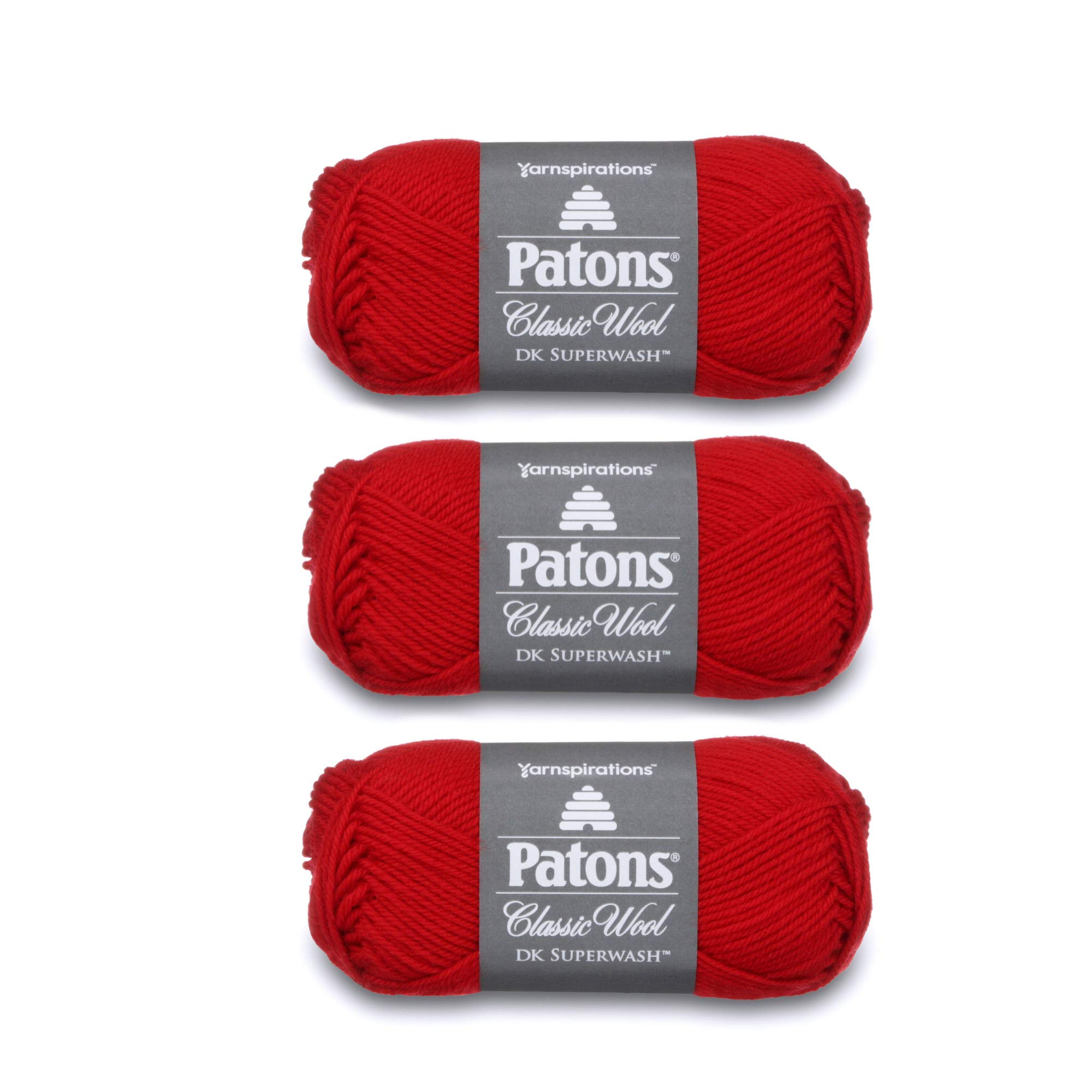 Patons Classic Wool DK Superwash Yarn - Gauge 3 Light - 100% Wool - (3-Pack) - Red - for Crochet, Knitting, and Crafting