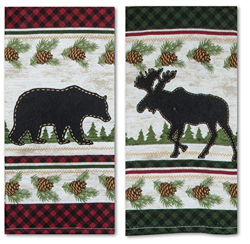 Woodland Moose and Bear Kitchen Terry Towel 2-PC Set Mountain Cabin Woldlife Lodge