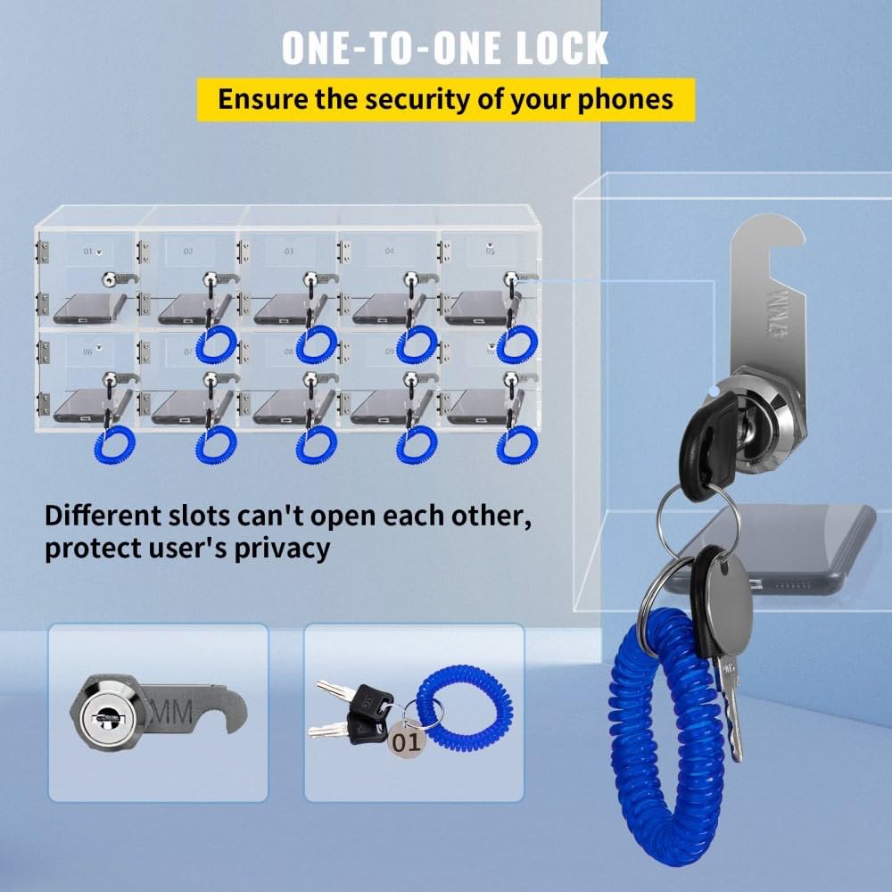 WACTO Acrylic Wall-Mounted Cell Phone Storage Locker with 10 Slots, Door Locks and Keys - Ideal for Office, Classroom, Gym - Clear