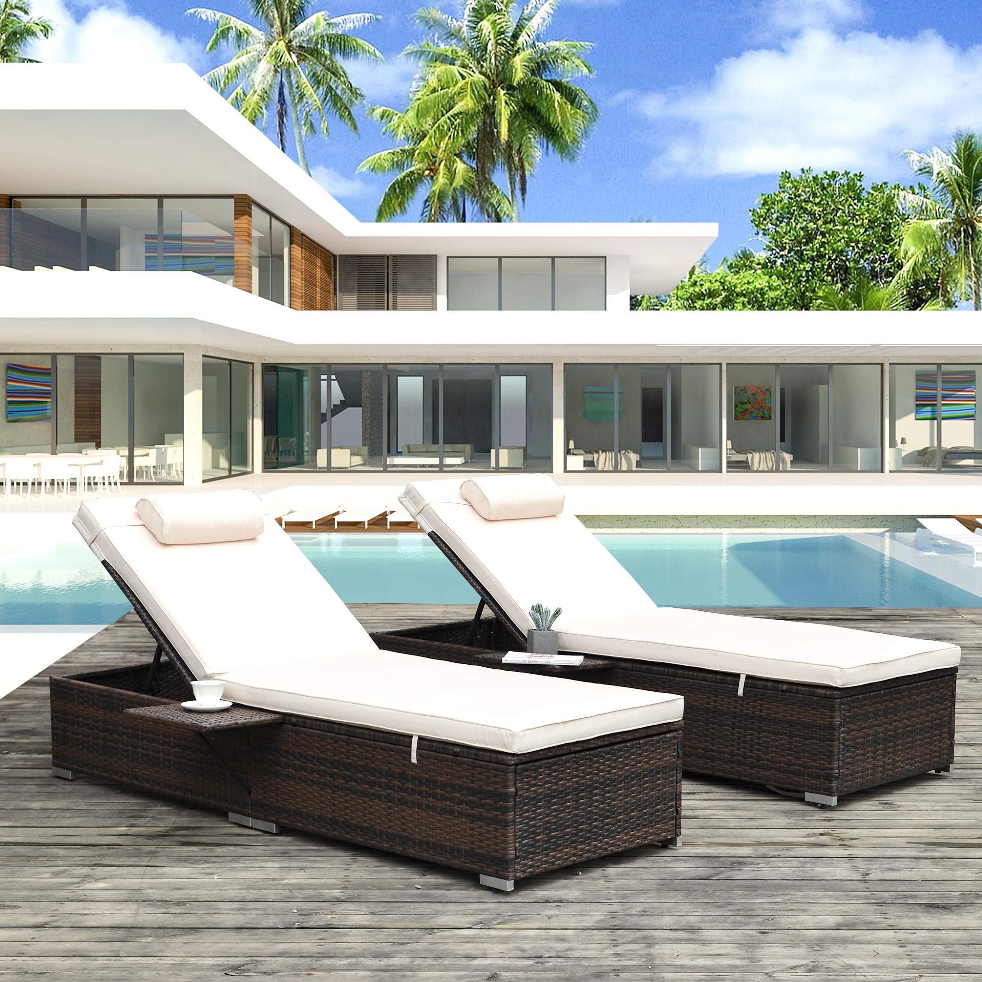 Outdoor Lounge Chairs Set of 2, PE Wicker Chaise Patio Brown Rattan Reclining Chair Furniture Set Beach Pool Adjustable Backrest Recliners with Side Table Head Pillow (White)