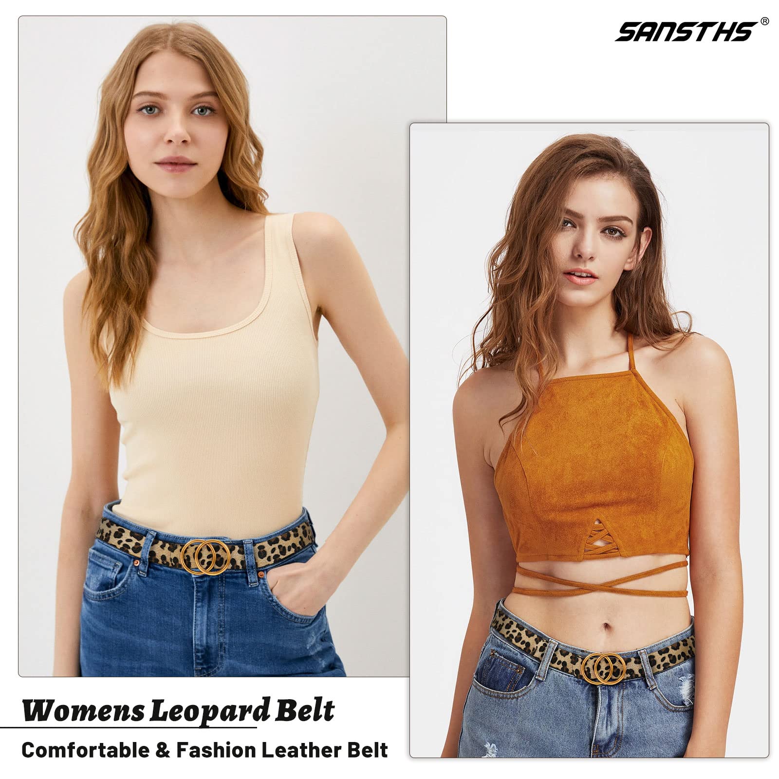 SANSTHS Womens Leopard Belt with Removable Gold Double Ring Buckle for Jeans, XL