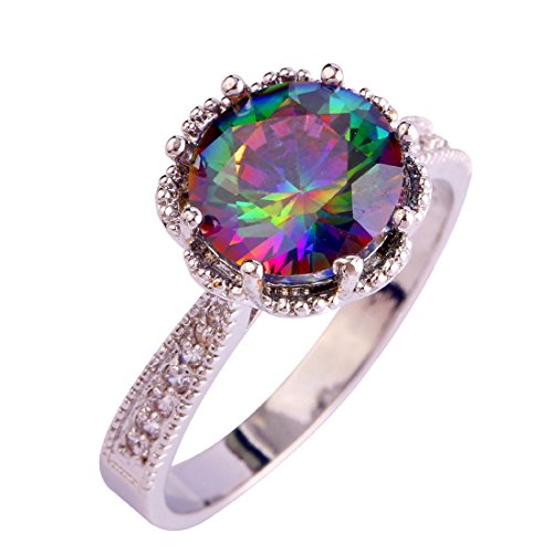 Psiroy Women's 925 Sterling Silver Created Rainbow Topaz Filled Soliatre Engagement Ring Size 6