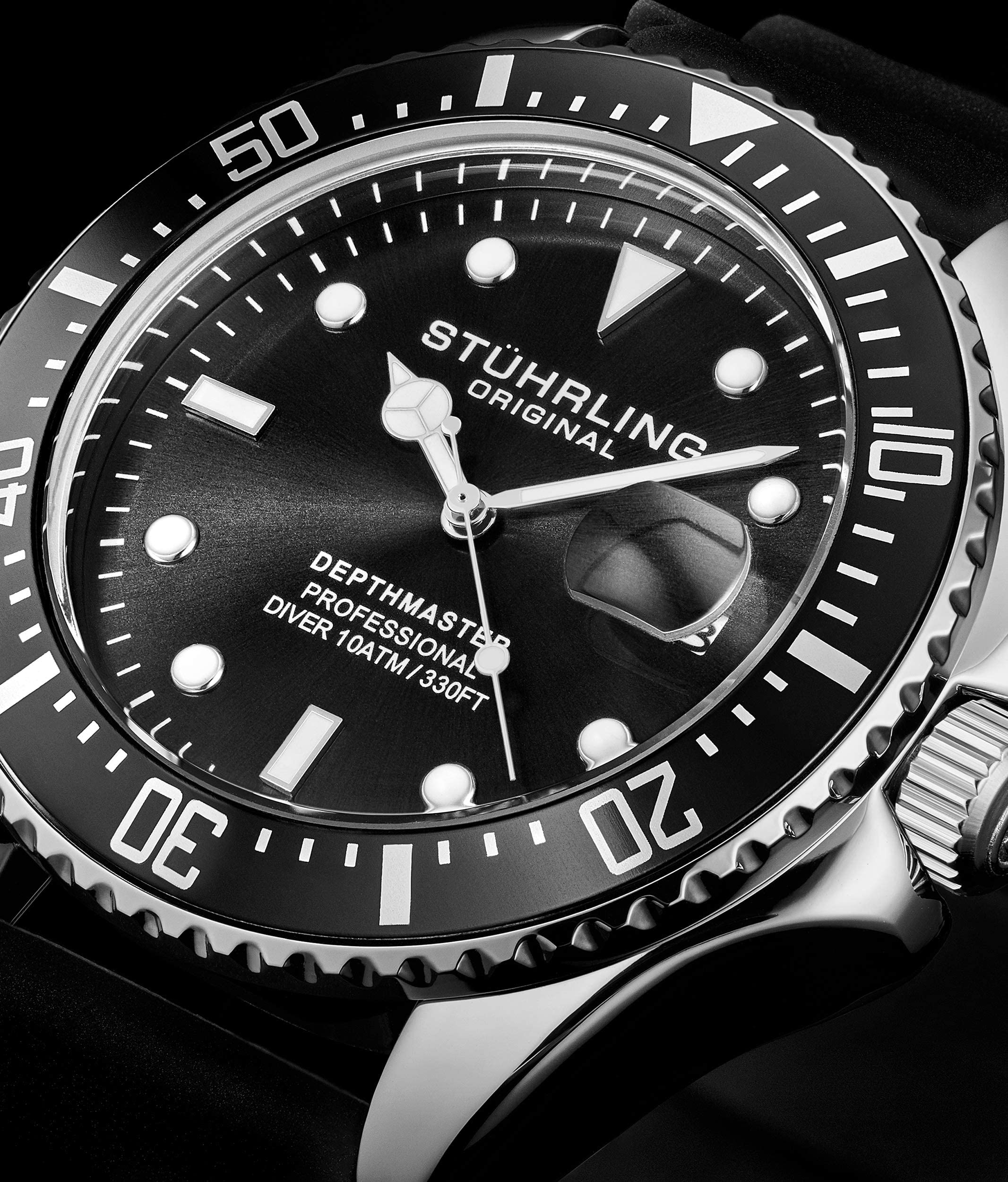 Stuhrling Original Men's Watch Dive Watch Silver 42 MM Case with Screw Down Crown Rubber Strap Water Resistant to 330 FT (Black)