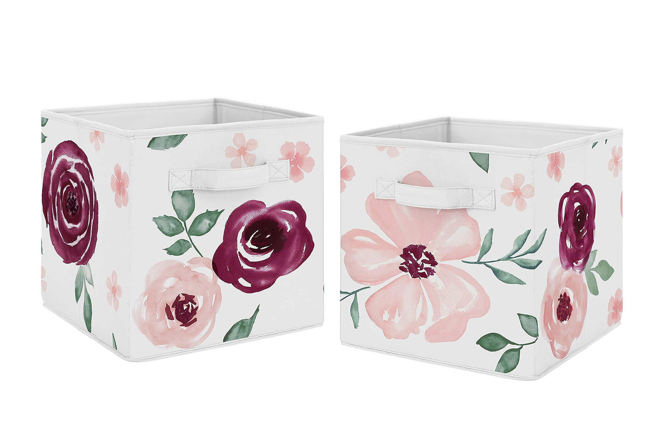 Sweet Jojo Designs Burgundy Watercolor Floral Foldable Fabric Storage Cube Bins Boxes Organizer Toys Kids Baby Childrens - Set of 2 - Blush Pink Maroon Wine Rose Green Shabby Chic Flower Farmhouse