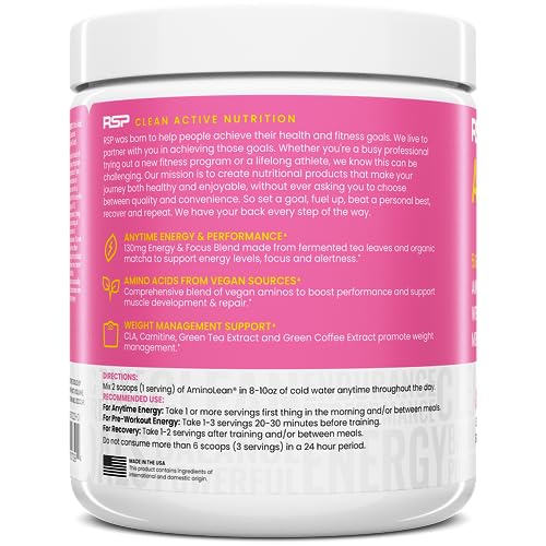 RSP NUTRITION AminoLean Pre Workout Powder, Amino Energy & Weight Management with Vegan BCAA Amino Acids, Natural Caffeine, Preworkout Boost for Men & Women, 30 Serv, Pink Lemonadeā¦