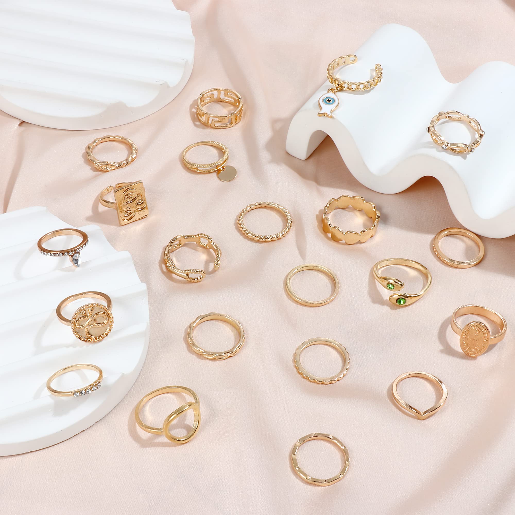 VALDEAS 49 PCS Gold Knuckle Rings for Women Evil Eye Stackable Rings Bohemian Retro Vintage Rings Boho Mid Finger Rings Set Hollow Carved Flowers Joint Finger Rings