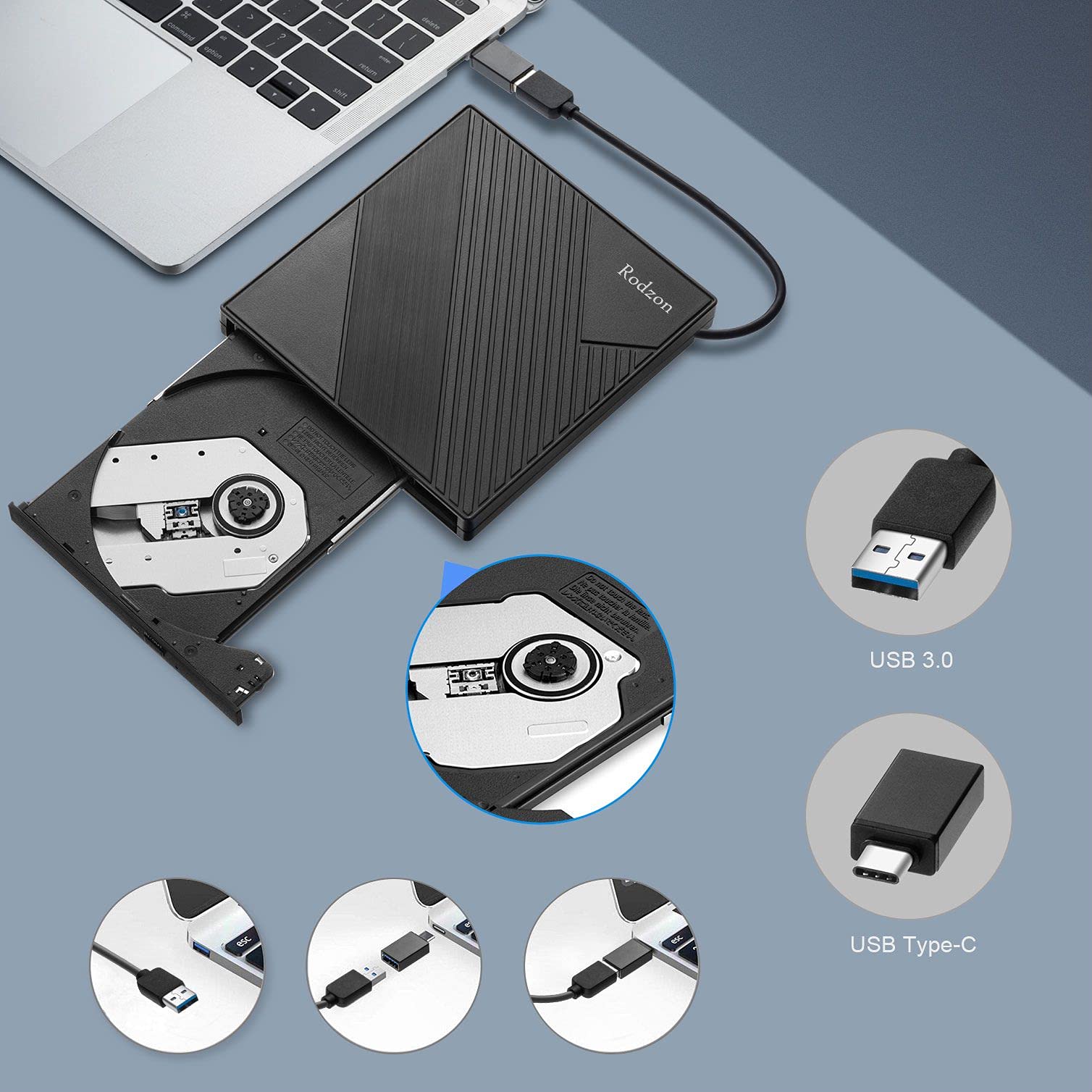 Rodzon External CD Drive Type C USB 3.0 Portable CD DVD +/-RW Drive Slim DVD/CD ROM Rewriter Burner Writer Compatible with Laptop Desktop PC Windows Linux OS Apple Mac, Type C