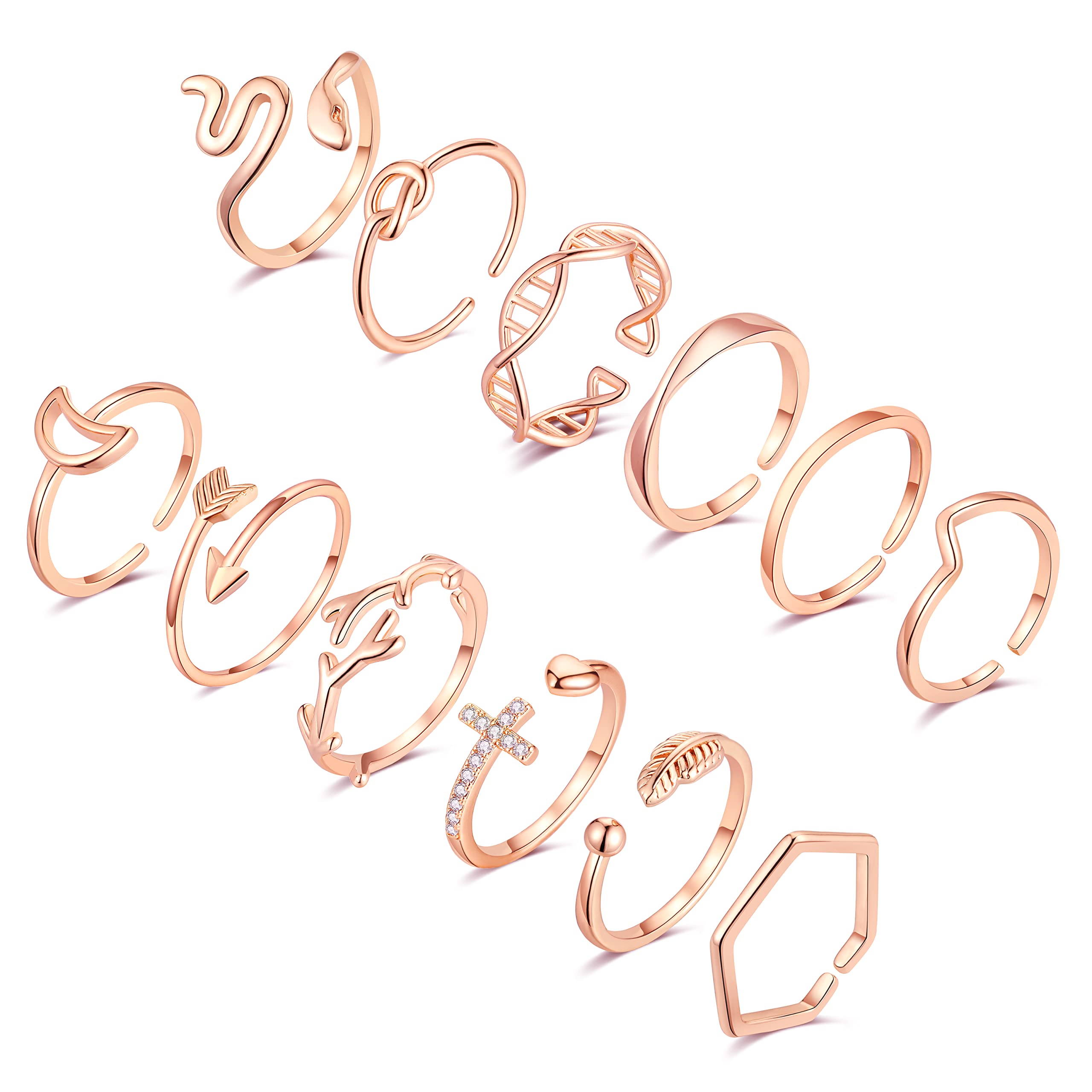 TOSGMY 12PCS Adjustable Knuckle Rings for Women 14K Gold Plated Open Ring Knuckle Stacking Rings for Teen Girls Gold Silver Stackable Finger Rings Knot Wave Open Rings Set