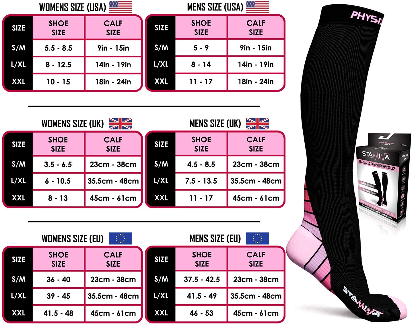 Physix Gear Compression Socks 20-30 mmHg - Men & Women - Running, Nurses, Shin Splints, Flight, Travel (BLACK / PINK-L/XL)