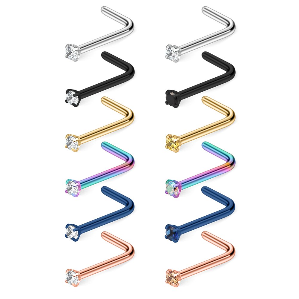 Ruifan 12PCS 22G Mix Color Stainless Steel Diamond CZ Nose Studs Rings L Shaped Piercing Jewelry 1.5mm