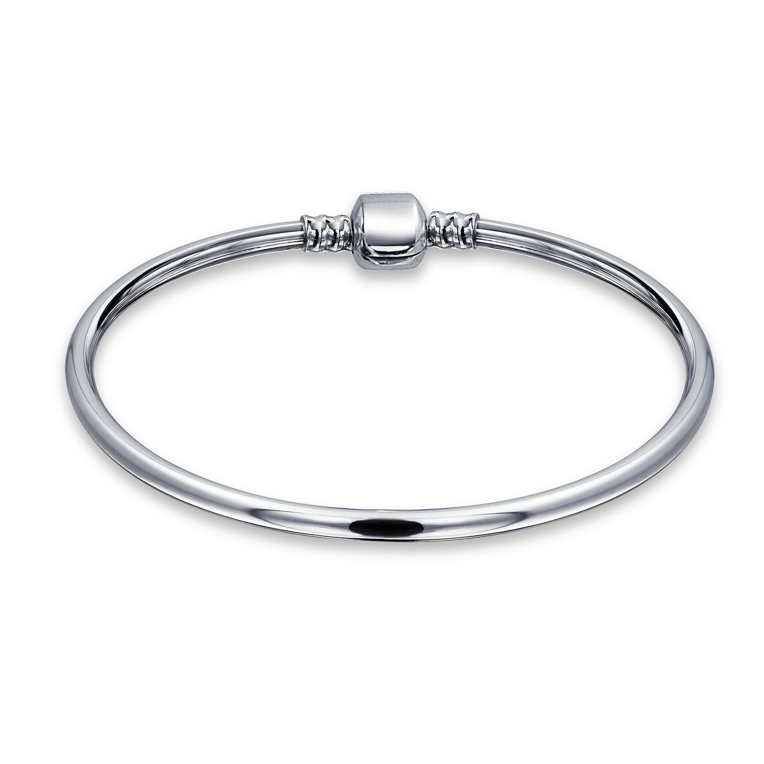 Personalized Initial Simple European Charm Bangle Bracelet for Women Teens .925 Sterling Silver Round Barrel Clasp Customizable