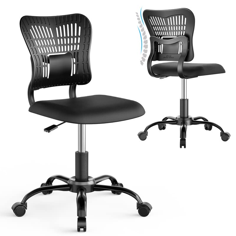 PALONE Desk Chair Armless Office Chair Computer Home Office Middle-Back Mesh Task Swivel Rolling Adjustable Height Seat Chair No Arms for Small Space with Lumbar Support (Black)