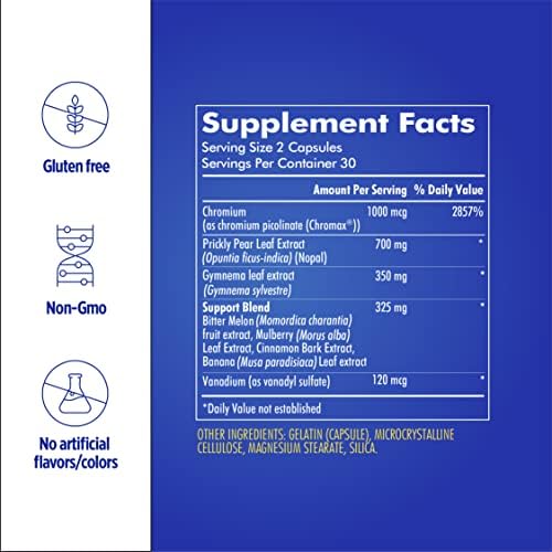 Santo Remedio's Exclusive Formula with Nopal, Chromium Picolinate (Chromax), Gurmar (Gymnema Silvestre), and Vanadyl Sulfate. 60 Capsules (30 Servings)
