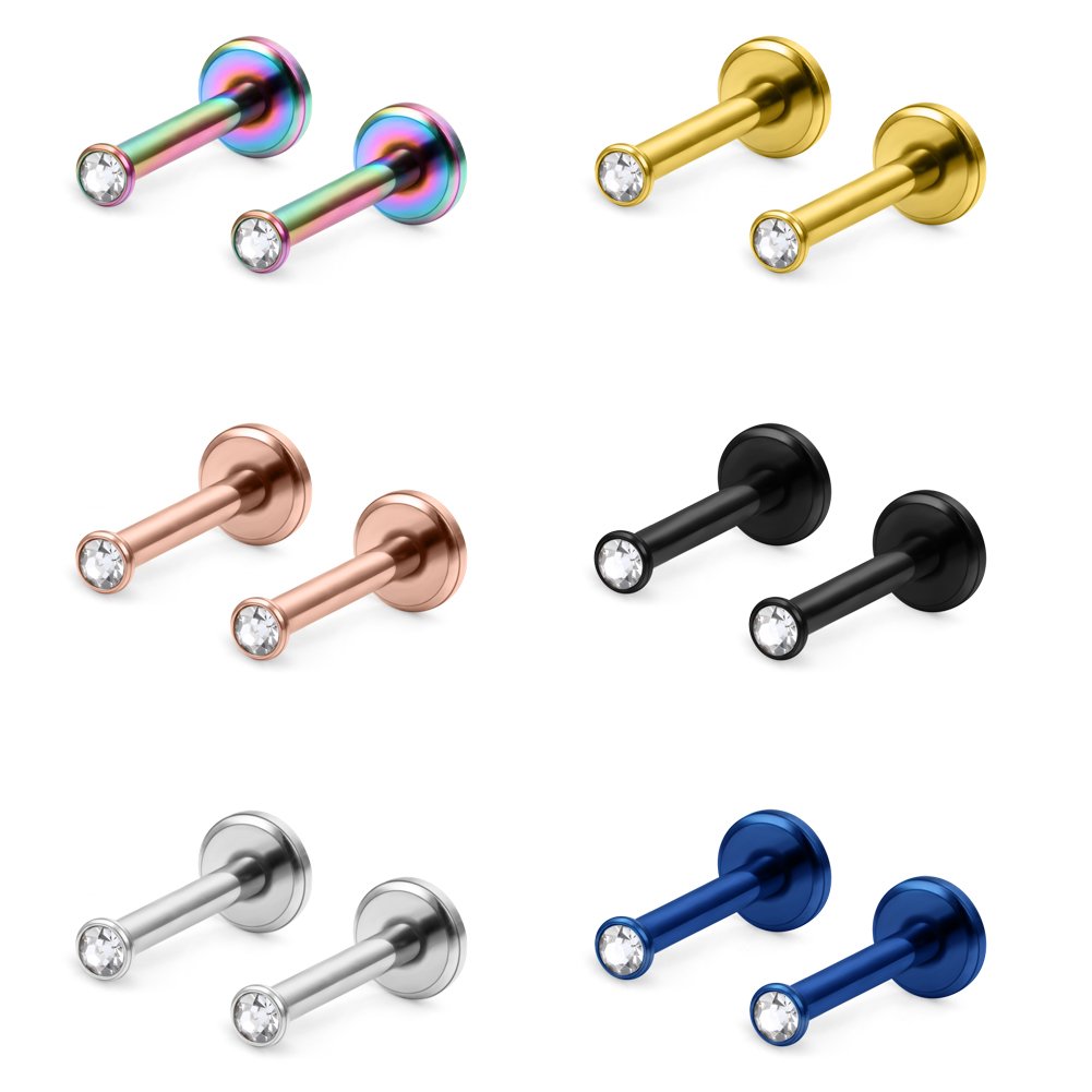 Ruifan 2mm Clear Round CZ Gem Internally Threaded Labret Monroe Lip Ring Tragus Nail Helix Earring Stud Barbell Piercing Jewelry Bar 8mm 16G 12PCS