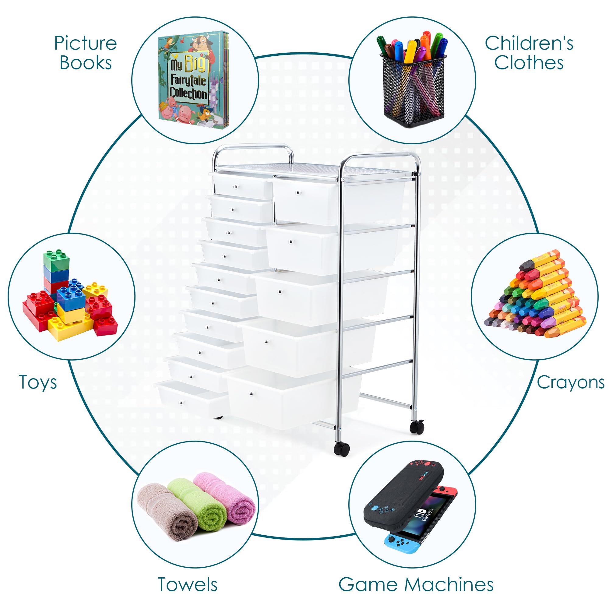 Sapodilla15-Drawer Rolling Storage Cart, Multipurpose Movable Organizer Cart for School Office Home Beauty Salon, Multipurpose Storage Organizer Cart with 4 Lockable Casters(White)
