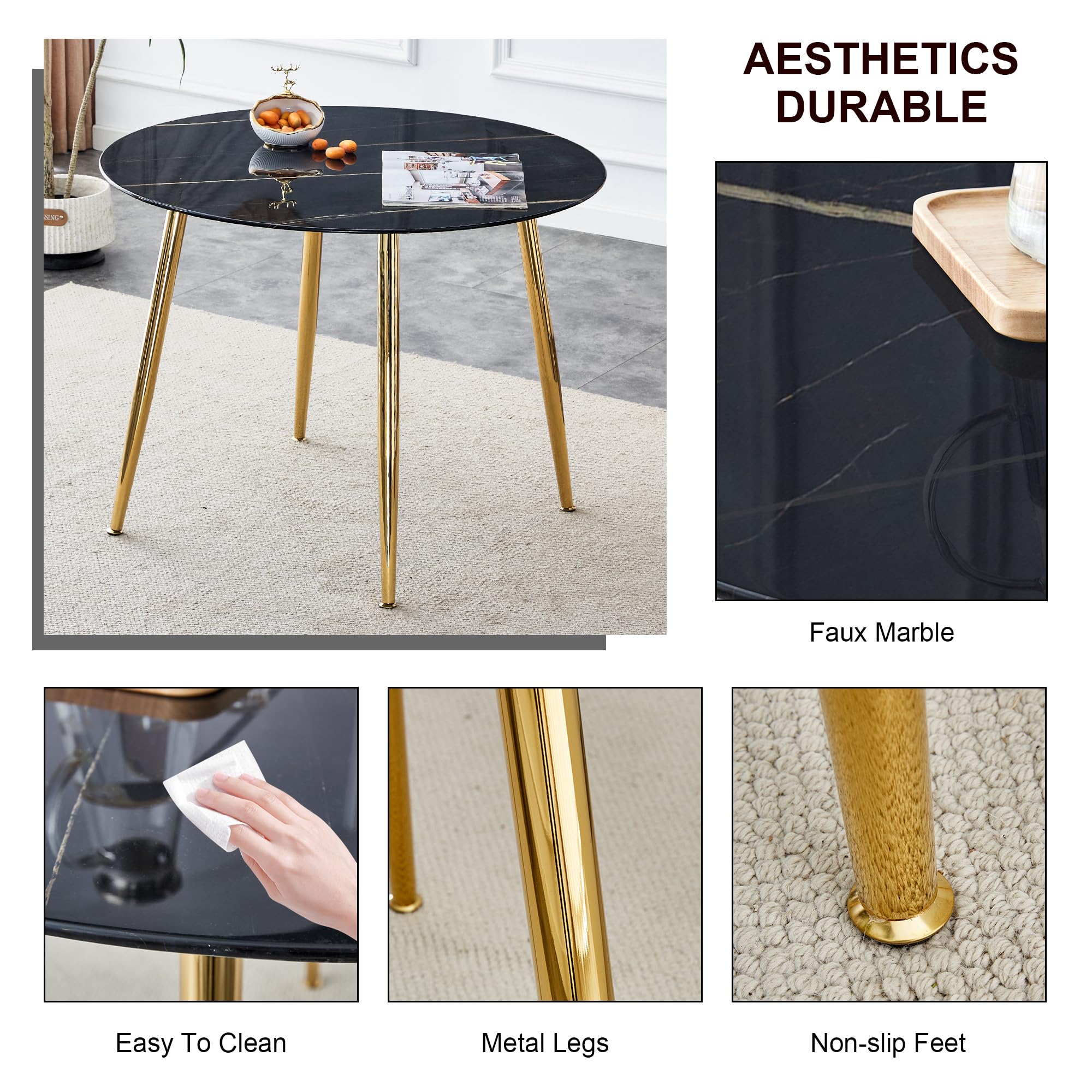 OUYESSIR 40'' Round Dining Table, Imitation Marble Craft Glass Kitchen Table with Black Metal Legs, Small Modern Table for Dining Room, Kitchen, Living Room, Cafe, Office