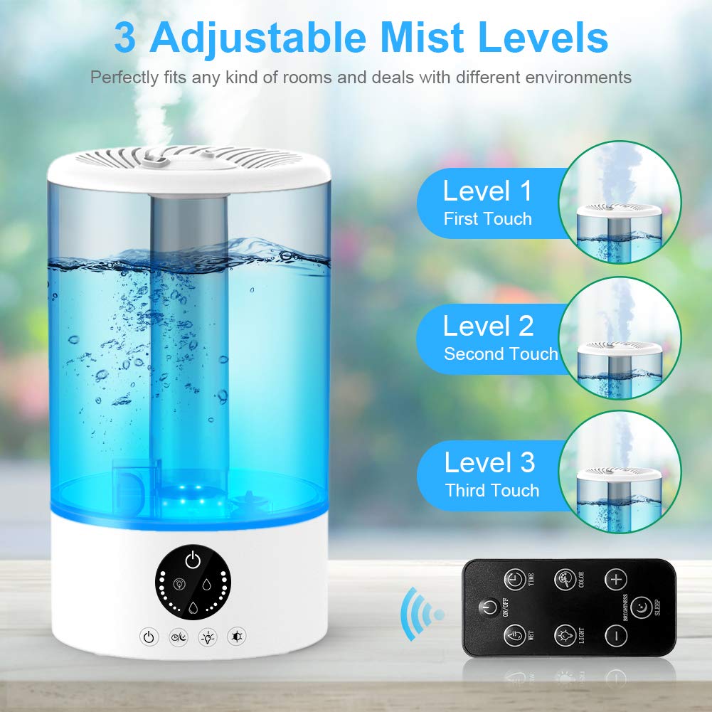 SHSTFD Cool Mist Humidifier, 3L Top Fill Ultrasonic Humidifier for Bedroom with 7 Colors Night Light and Remote Control, Adjustable Mist Levels, Optional Timer, 6 Dimmer, Super Quiet Operation (White)
