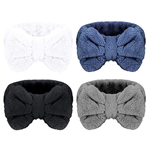 Senkary 4 Pack Bow Makeup Headband Microfiber Spa Headbands Towel Headband Soft Puffy Washing Face Headband for Women Girls Shower Bath Skincare (White, Blue, Black, Dark Grey)