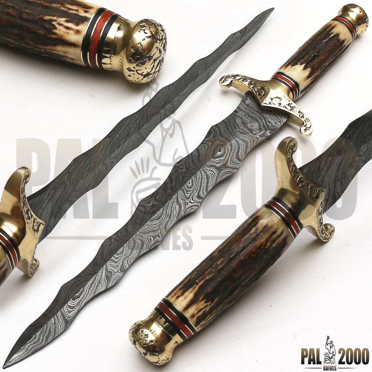 PAL 2000 KNIVES SW-8888 Handmade Damascus Steel 20 Inches Vivi Hunting Knife Stag Horn Handle with Sheath