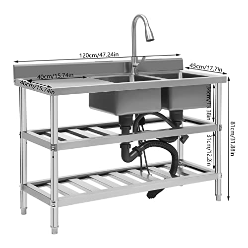 Outdoor Utility Sink,Free Standing Commercial Restaurant Kitchen Sink,Double Basin Sink and A Shelf Underneath,Countertop for Restaurant