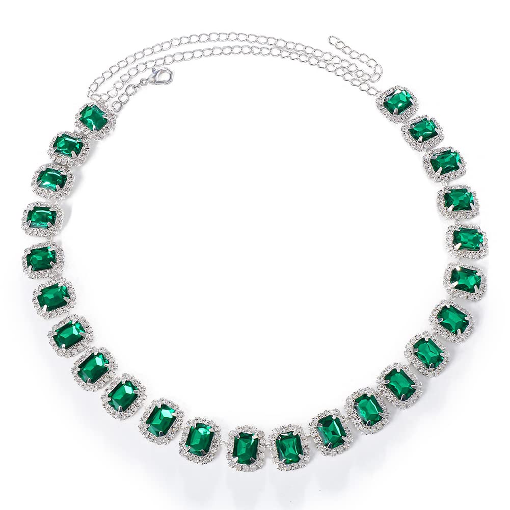 STONEFANS Emerald Green Rhinestone Choker Necklace For Women Sparking Square Rhinestone Choker Collar Statement Silver Neck Jewelry (Green)