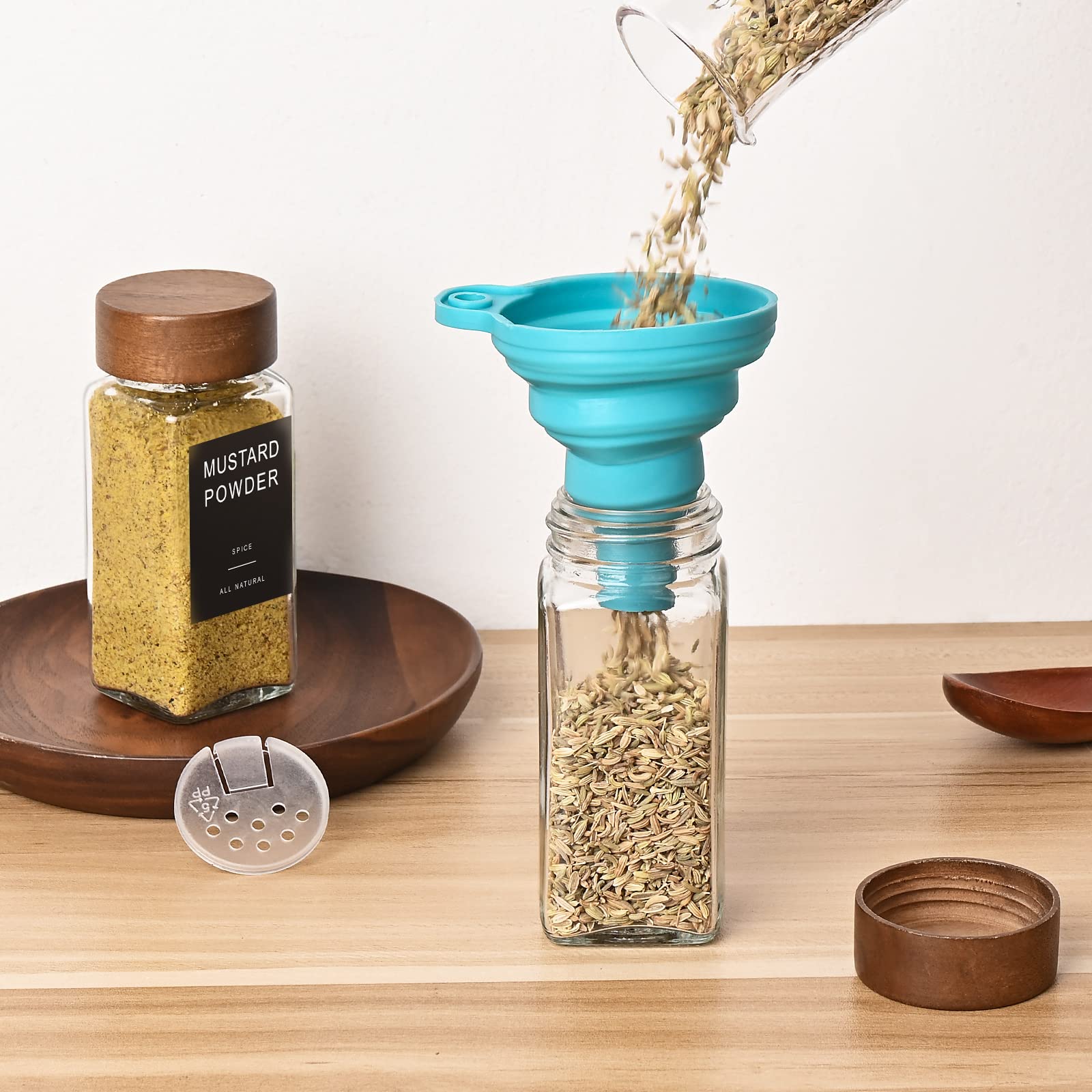 Yangbaga 35Pcs Glass Spice Jars with Labels，4oz Empty Square Spice Bottles with acacia wood lid & Shaker Lids and Silicone Collapsible Funnel Included