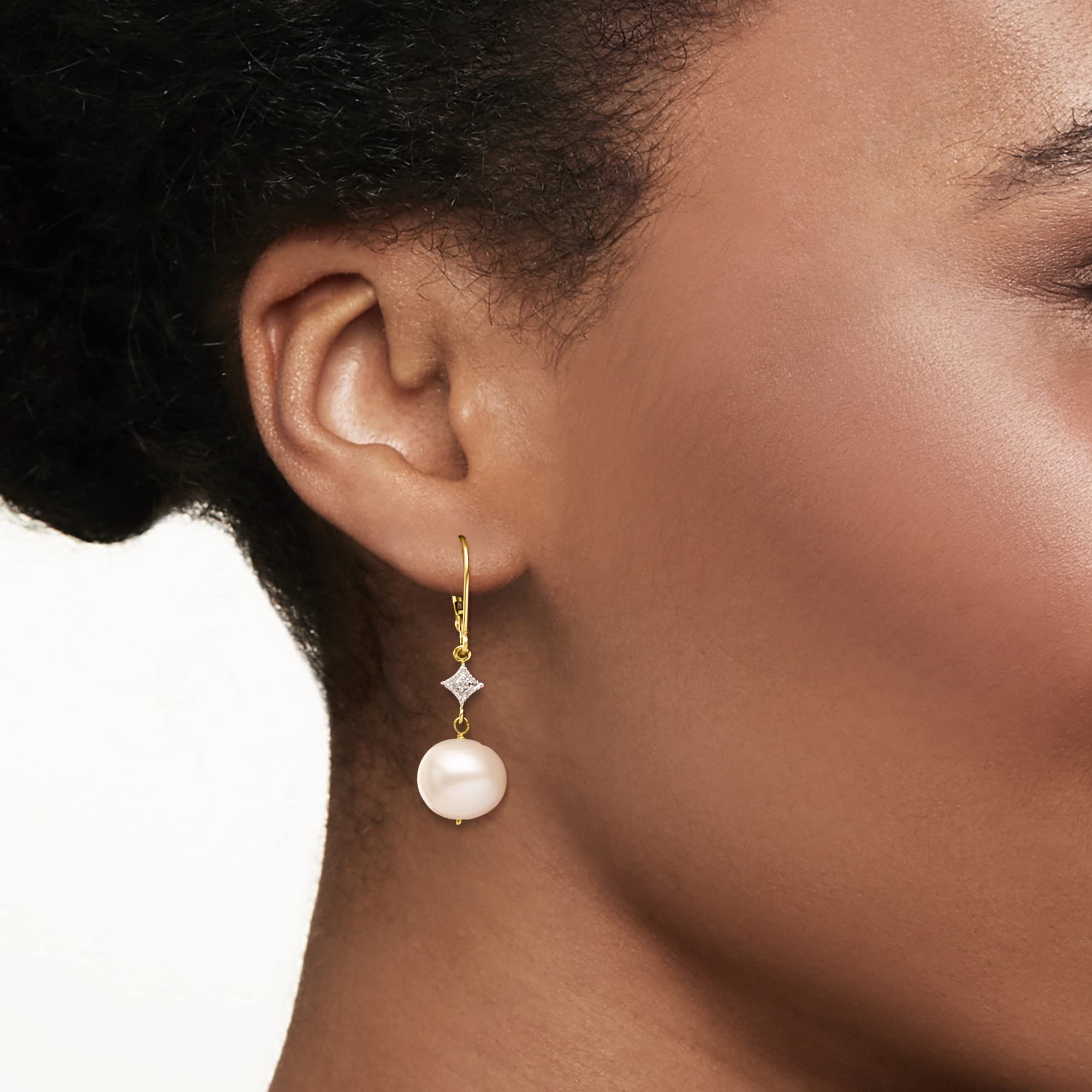 Ross-Simons 10.5-11mm Cultured Pearl Drop Earrings With Diamond Accents in 14kt Yellow Gold