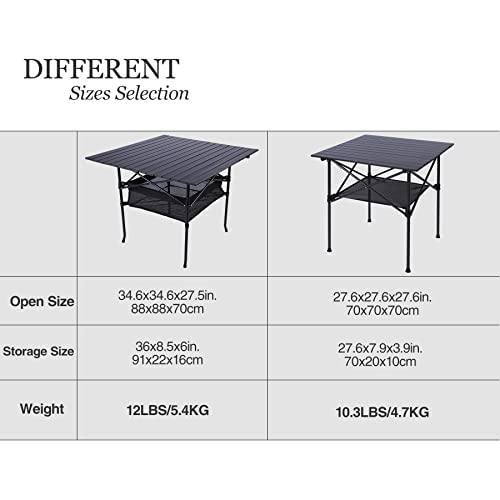 Stonehomy Aluminum Camping Table Roll Top with Mesh Storage, Folding Lightweight Roll Up Table Square for Outdoor Camping Grill, Black, 27.6X27.6 Inch