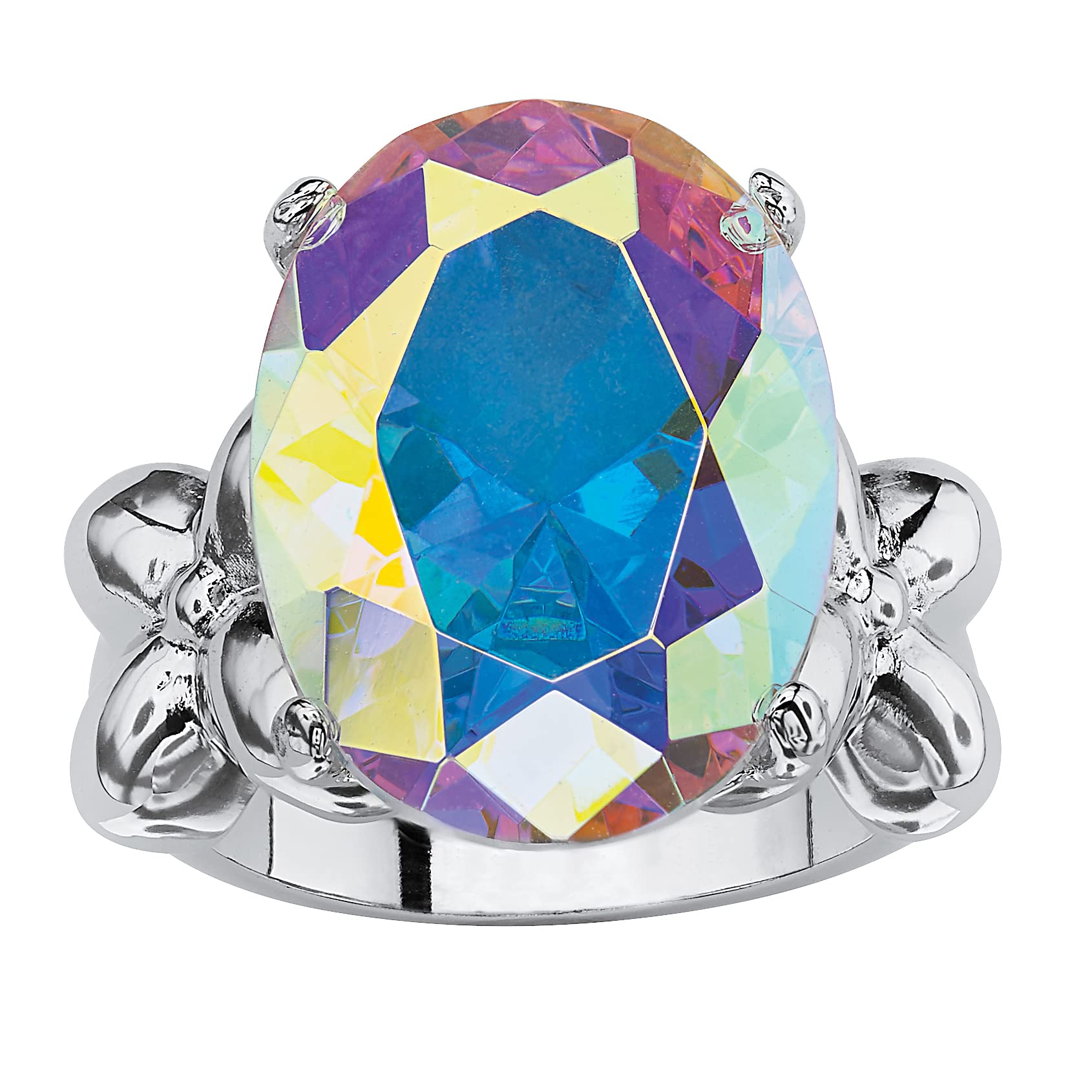 Palm Beach Jewelry Silvertone Oval Cut Aurora Borealis Cubic Zirconia Cocktail Ring Sizes 6-10 Size 7