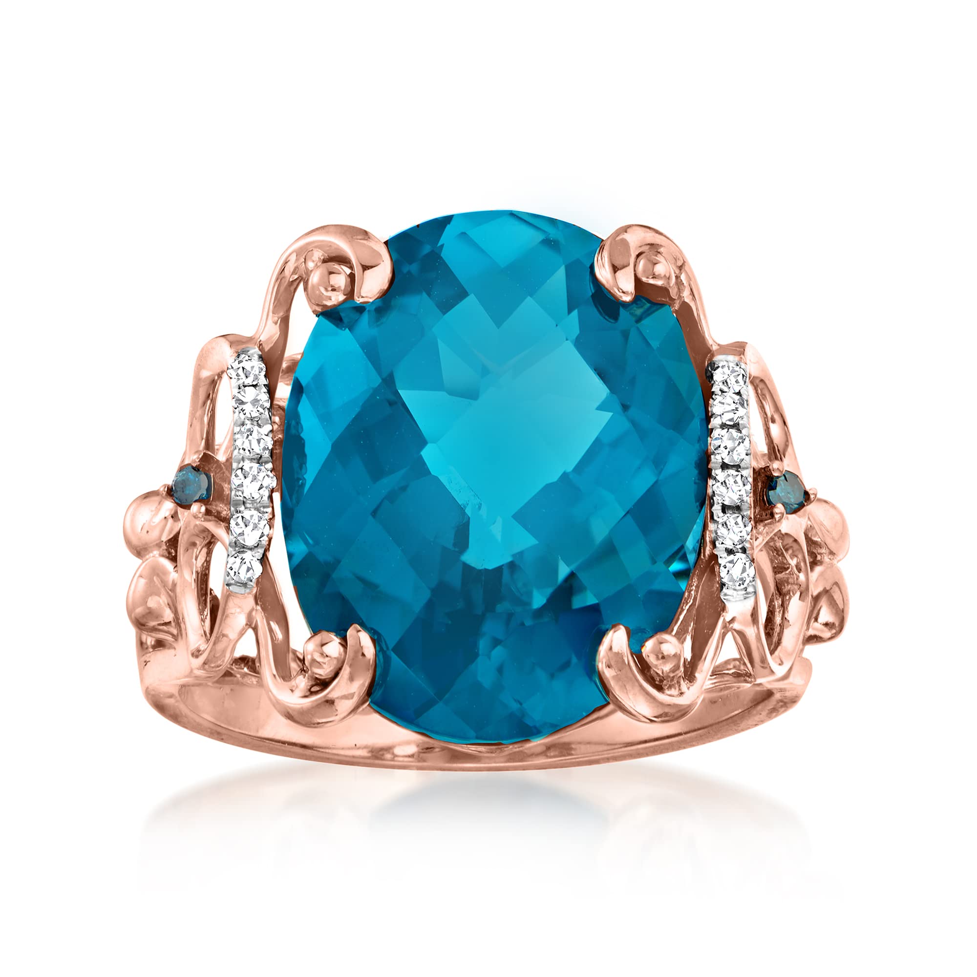 Ross-Simons 10.00 Carat London Blue Topaz Ring With Blue and White Diamond Accents in 14kt Rose Gold. Size 5