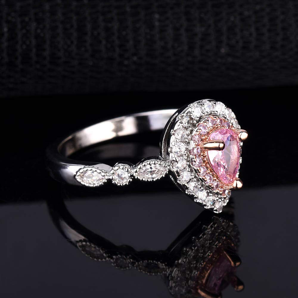 Rnydrny Gold Plated Teardrop Halo Pear Cut Pink Cubic Zirconia CZ Engagement Wedding Ring for Women (8)