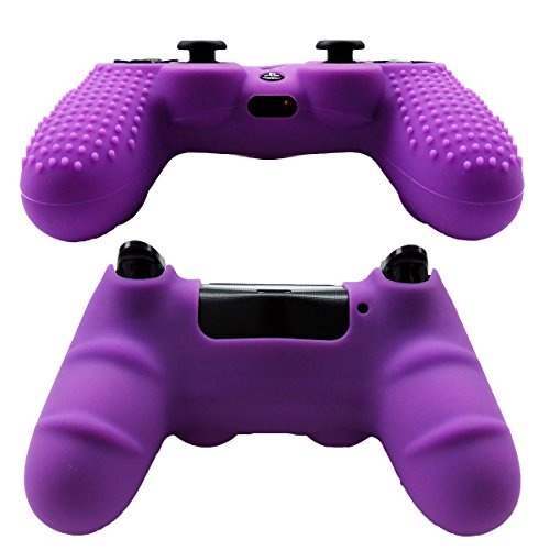 PS4 Controller Grips,Pandaren Studded Anti-Slip Silicone Cover Skin Set Compatible for PS4 /Slim/PRO Controller(Skin x 2 + FPS PRO Thumb Grips x 8)(Green, Purple)