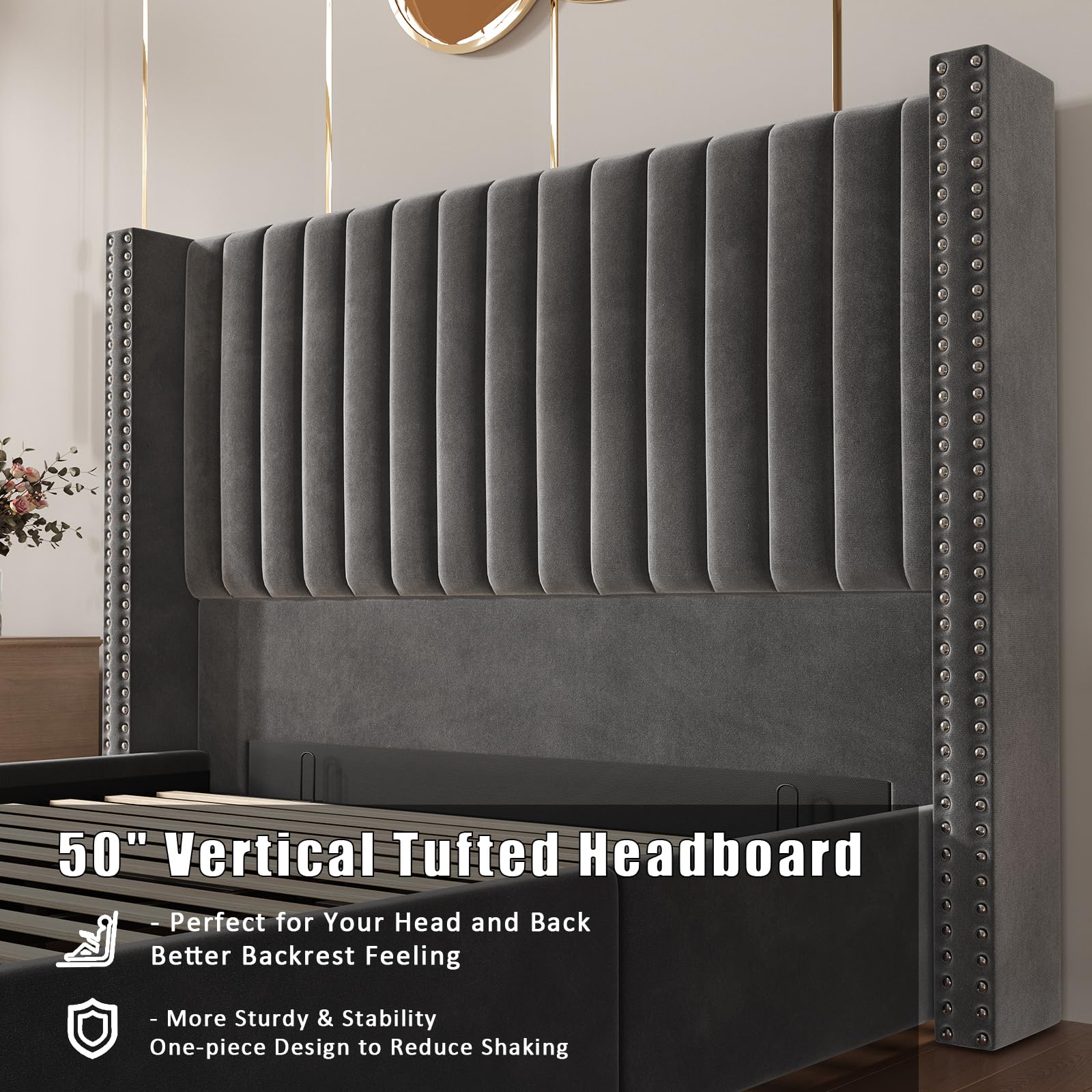 PaPaJet Queen Size Velet Upholstered Bed Frame Lift Up Storage Bed, Morden Wingback Bed Frame Platform with Storage Underneath/No Box Spring Needed/Easy Assembly/Grey