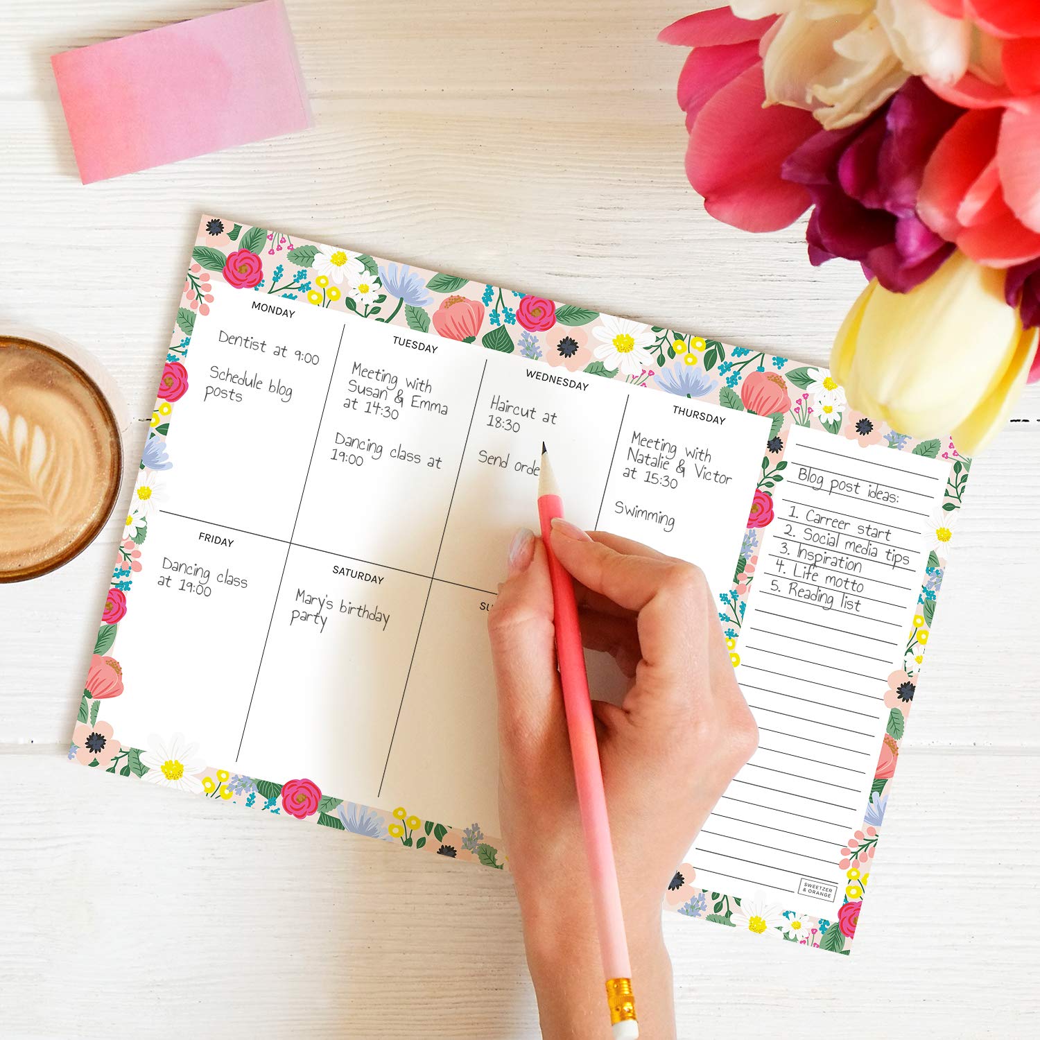Sweetzer & Orange Floral Weekly Planner Notepad with Daily Planner Agenda Squares. 7x10" Day Planner 2024 - Student Planner, Work Planner and Checklist Pad