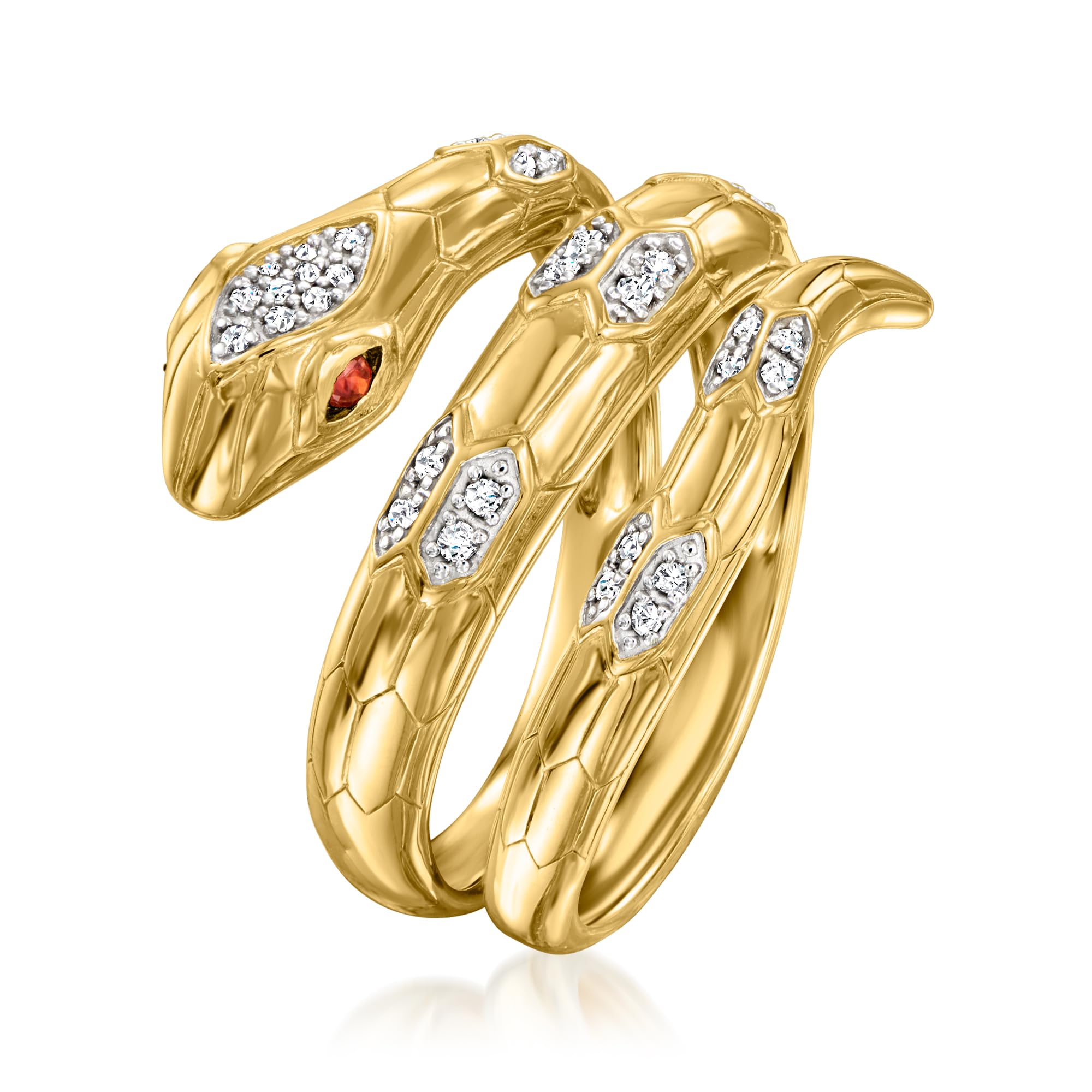 Ross-Simons 0.10 ct. t.w. Diamond Snake Wrap Ring With Garnet Accents in 18kt Gold Over Sterling. Size 10