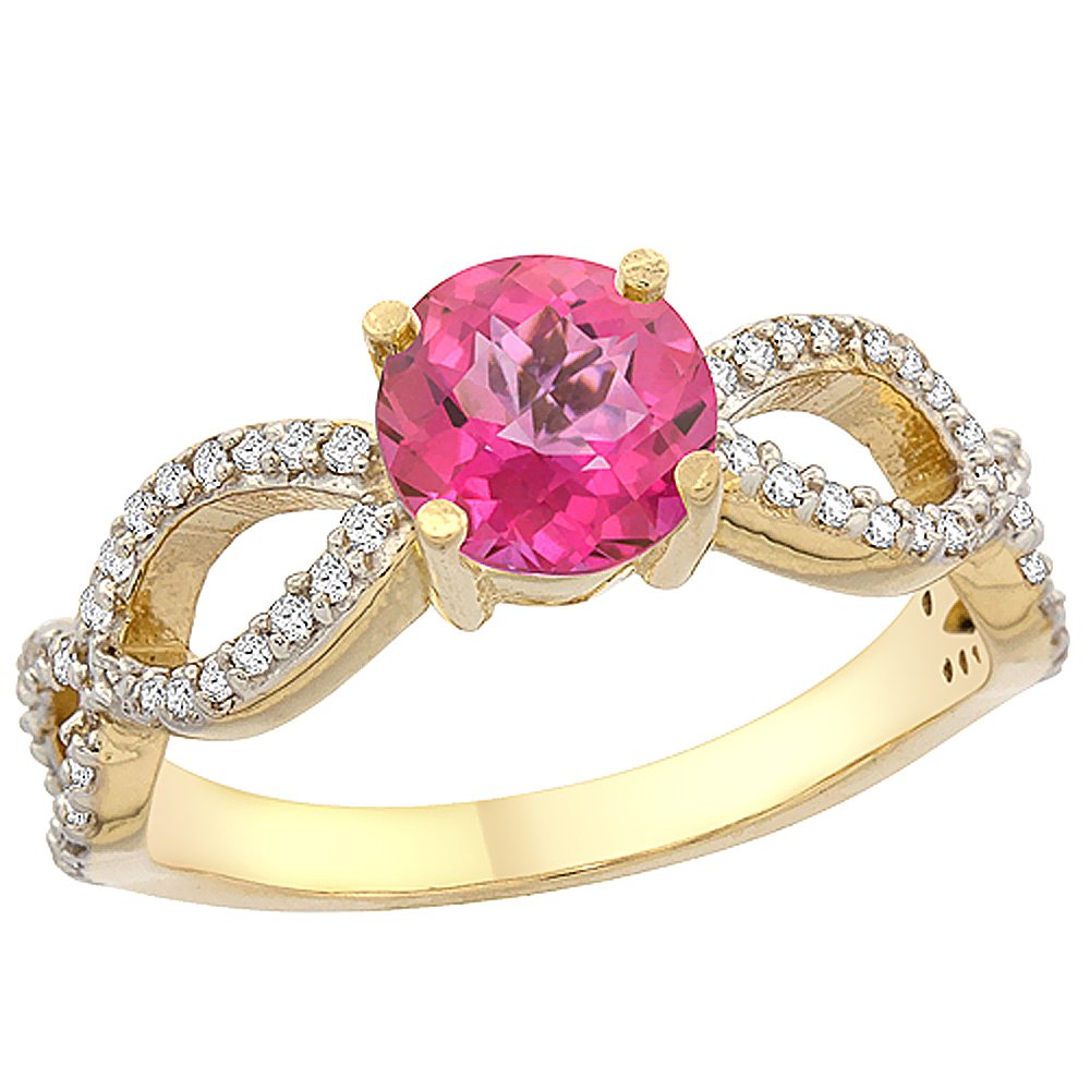 PIERA 10K Yellow Gold Natural Pink Topaz Ring Round 6mm Infinity Diamond Accents, size 6