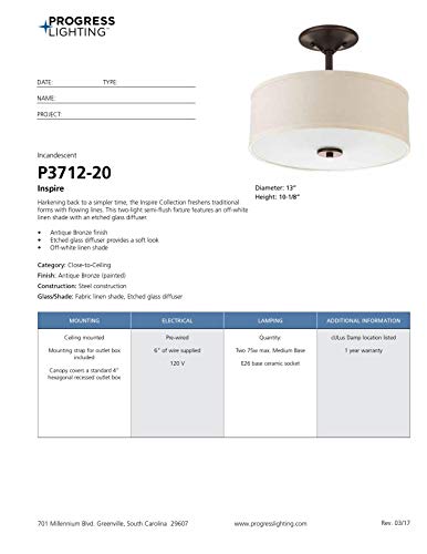 Progress Lighting P3712-20 Inspire Close-to-Ceiling, 13β diameter|10-1/8β height, Off-White Linen shade, Antique Bronze