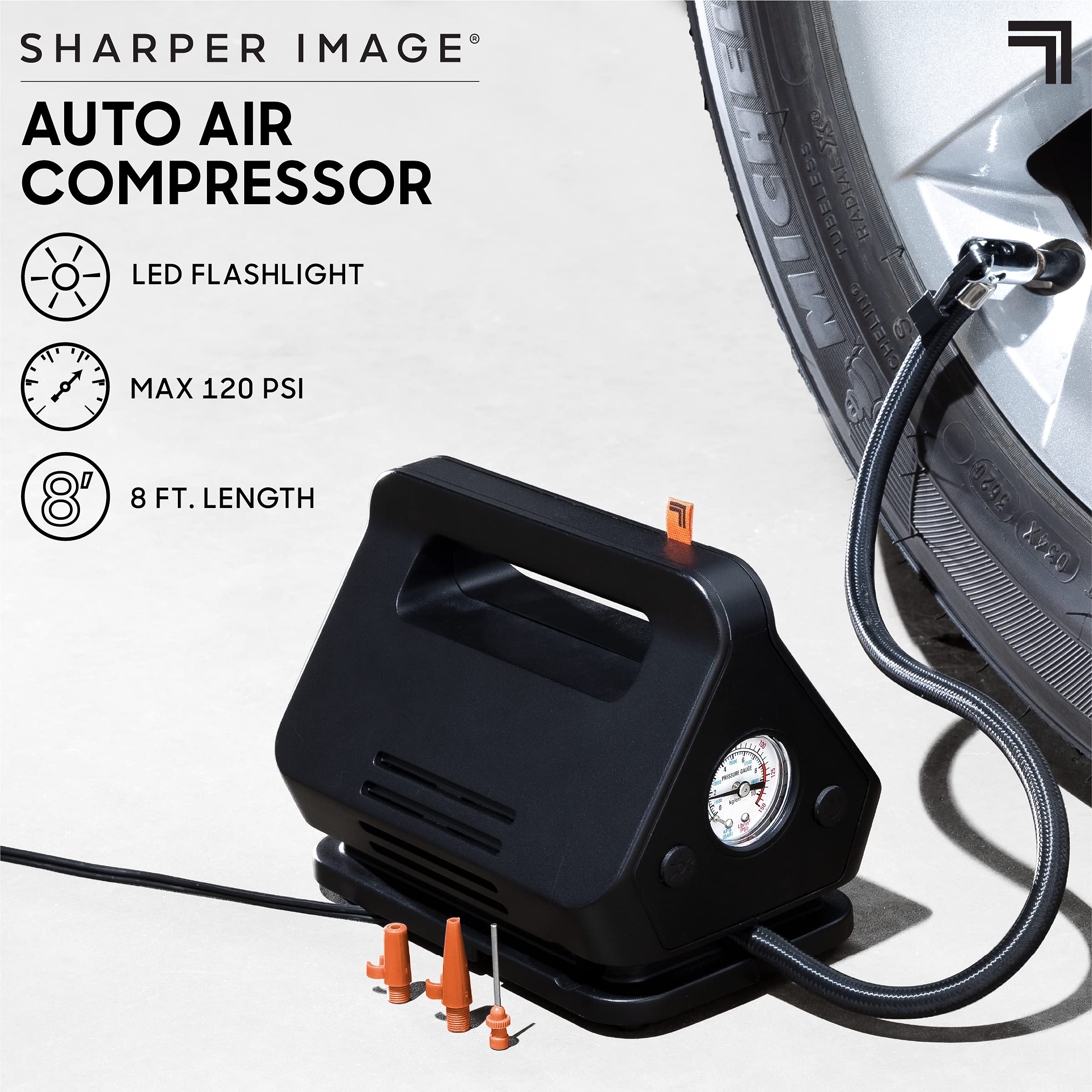 SHARPER IMAGE DC 12V Car Air Compressor With Built-in LED Light, 8 Foot Cord, 120 PSI Max, Includes 3 Nozzle Attachments, Car & Bike Tires, Quick Inflator For Balls Wheels and More