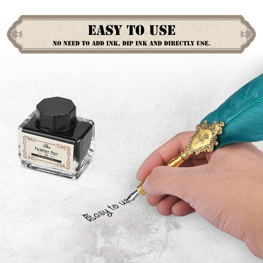 Pen, Quill Pen and Ink Set, Antique Calligraphy Pen Handmade Writing Dip Pen w/ 5 Replacement Nibs, Pen Base Holder, Empty Ink Bottle, Birthday Christmas Adults Kids