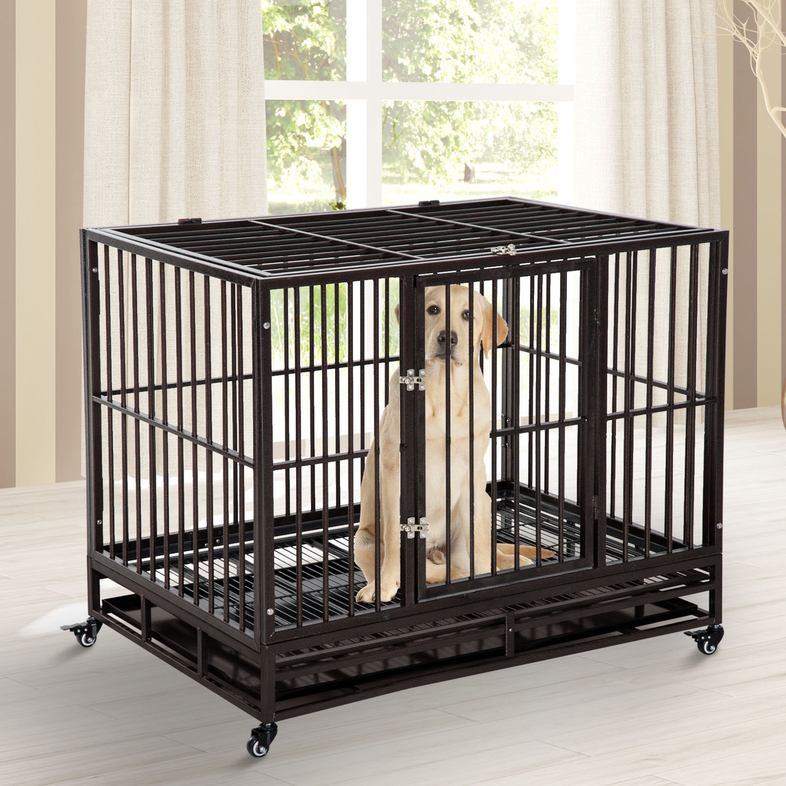 PawHut 42" Heavy Duty Dog Crate Metal Cage Kennel with Lockable Wheels, Double Door and Removable Tray, Brown
