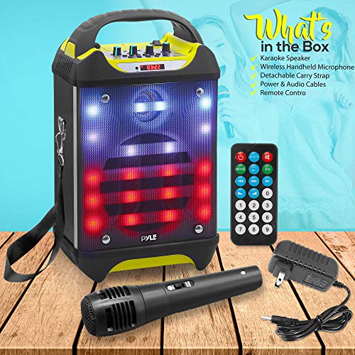 Pyle Portable Bluetooth Karaoke Speaker System - Audio Recording Function, 32 GB USB/SD Card Support, Built-in Rechargeable Battery, Flashing DJ Light w/ Music Streaming & Handheld Mic PWMA275BT