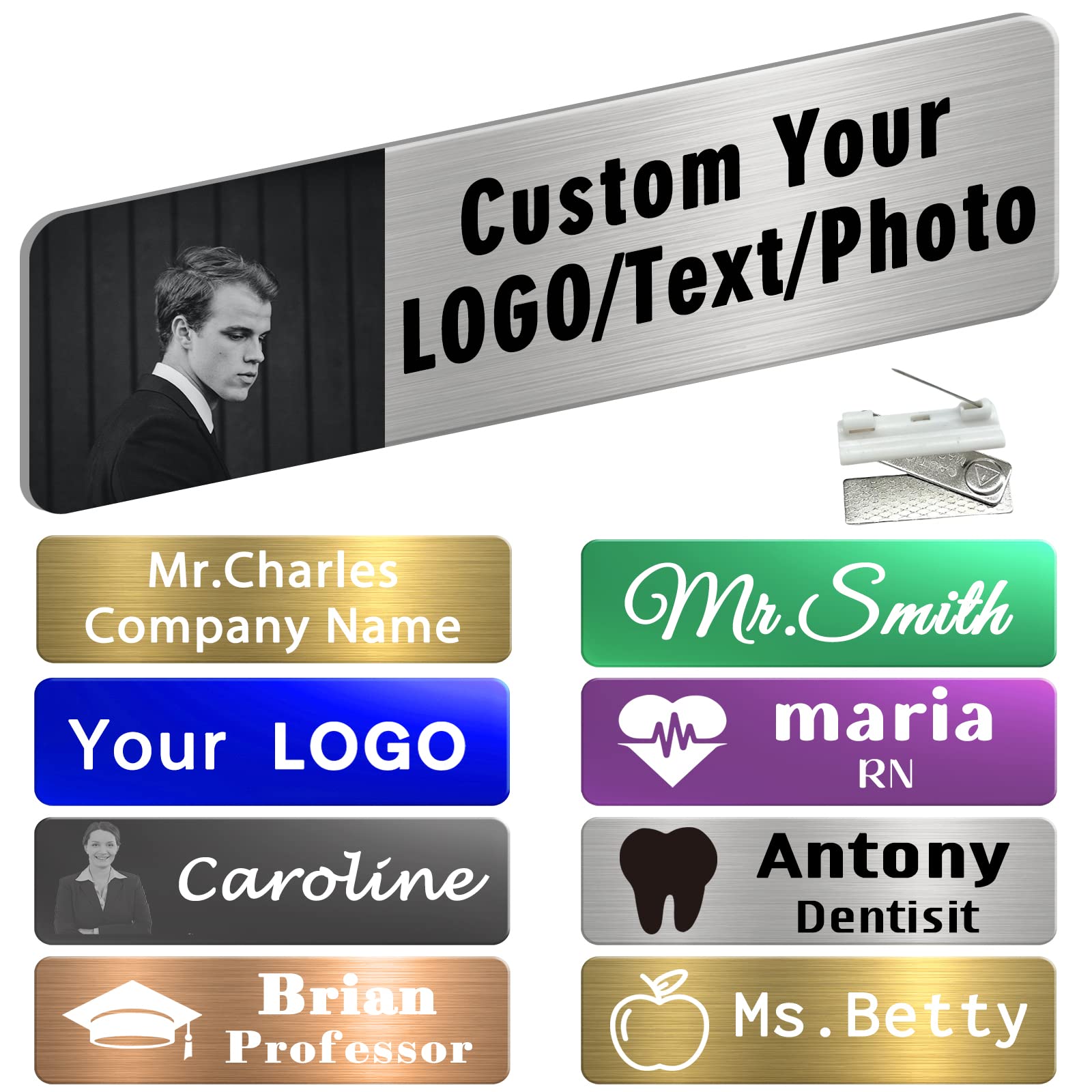 Personalized Name Tag Custom Engraved Badges with Logo Picture Customized Metal Id Tags with Pin or Magnetic Backing for Business Office School Nurse Doctor Teacher Employees