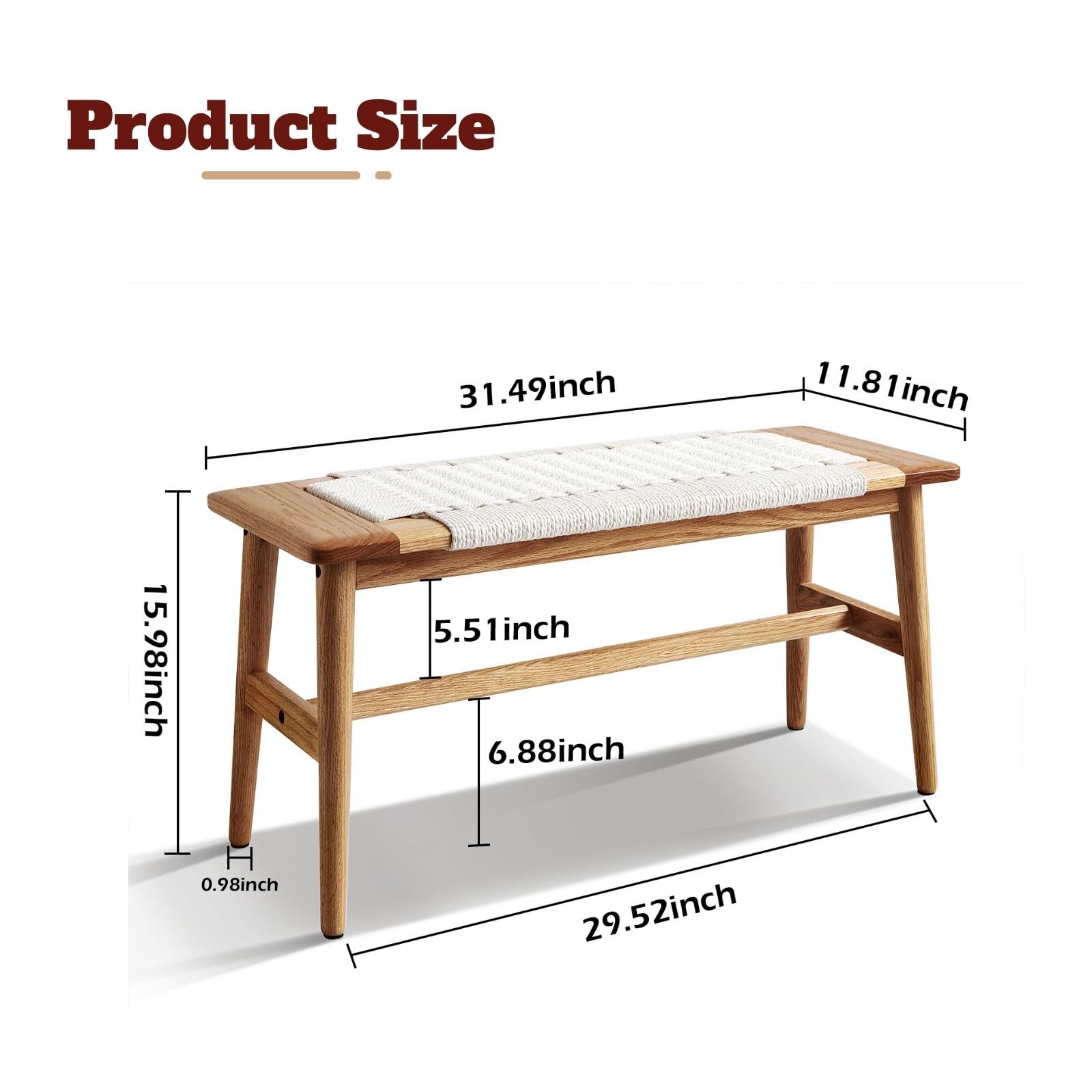 Vadisun 100% Solid Oak Wood Bench,Hand Woven Chair Surface Design,Solid Structure of Chair Legs,Bedroom Bench/Entryway Bench/Dining Bench (Off-White,31.49β*11.81β*15.98β)