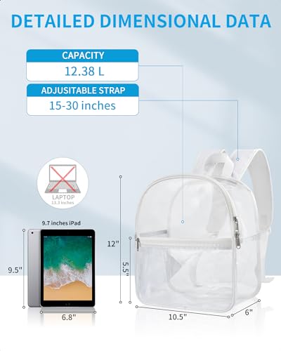 Paxiland Clear Backpack Stadium Approved 12×12×6 with Reinforced and Wider Shoulder Straps, Small Clear Bag for Schools, Concerts, Work, Festivals and Sporting Events - White