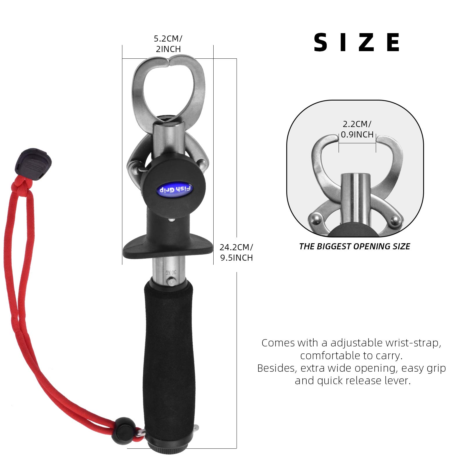 SF Fish Grip Holder Stainless Steel Fishing Gripper Two-Sided Trigger Tool Fish Lip Grabber with Scale Max 30kg EVA Foam Handle Adjustable Wrist Strap