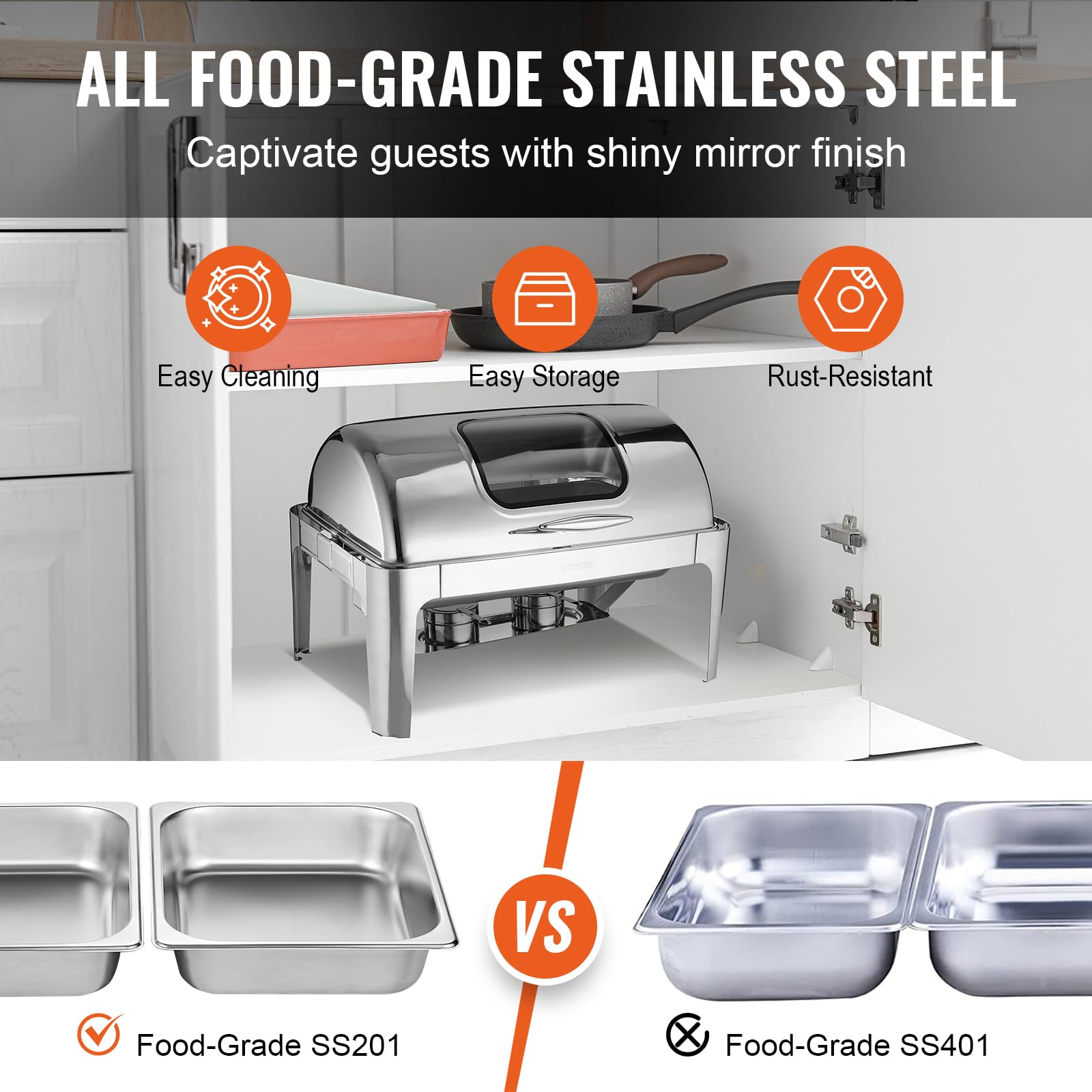 VEVOR Roll Top Chafing Dish Buffet Set, 9 Qt, Stainless Steel Chafer with 2 Half Size Pans, Rectangle Catering Warmer Server with Visible Lid Water Pan Stand Fuel Holder Clip, for at Least 9 People