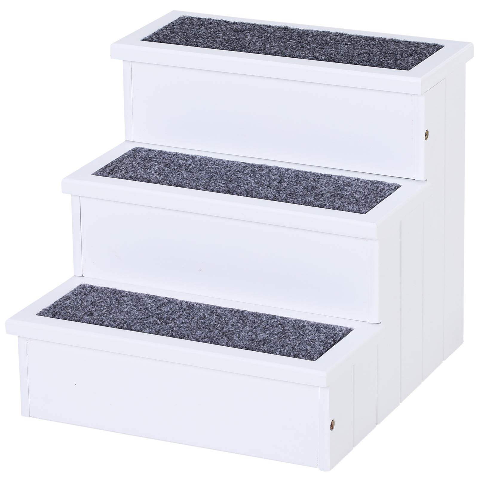 PawHut 3 Step Wooden Carpeted Non Slip Pet Stairs Ramp for Cats and Small Dogs - White