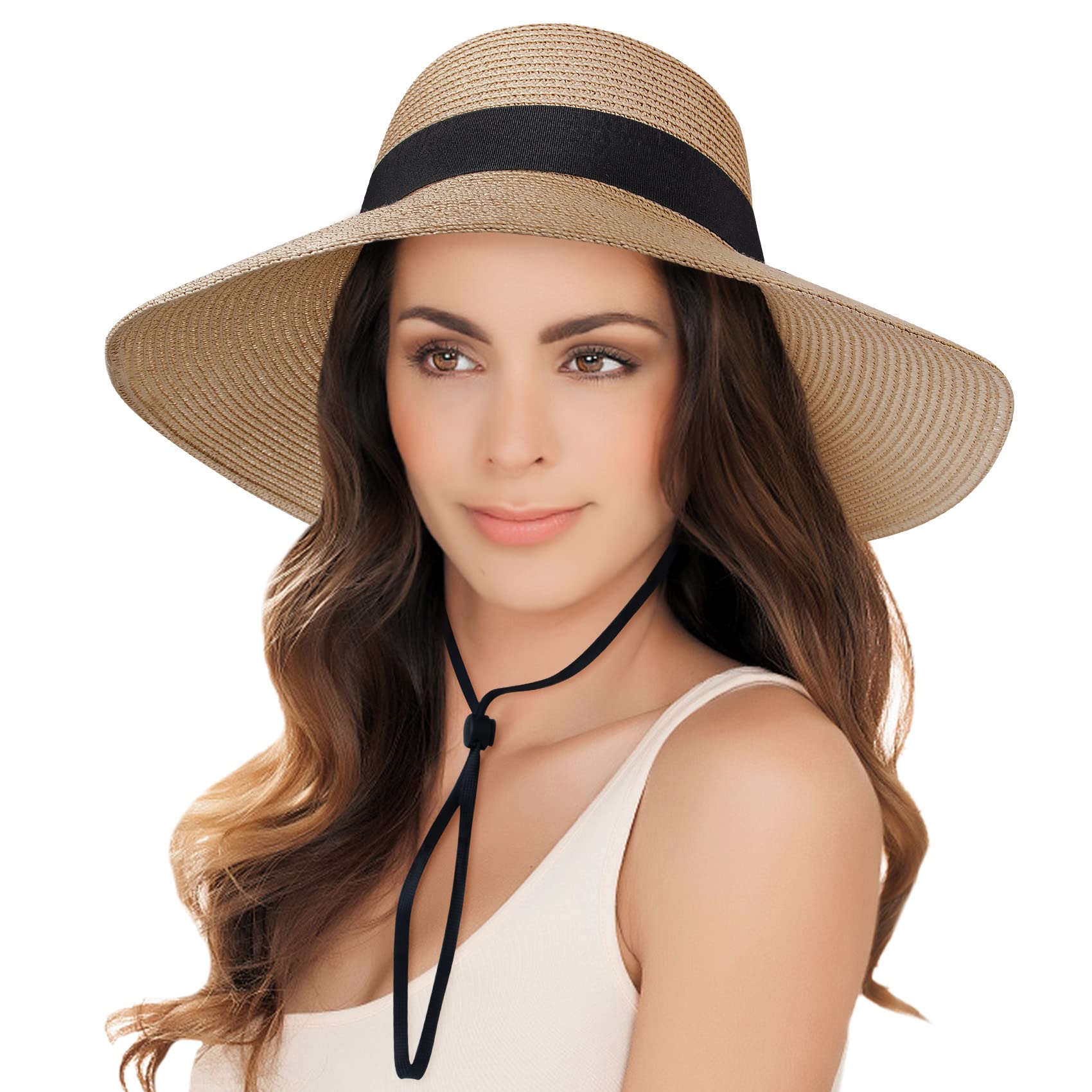 Straw Hats for Women Wide Brim Foldable Summer Beach Sun Hats for Women UV Protection(Pure Beige)