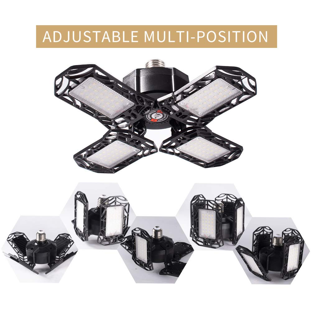 Smiling Shark 120W LED Garage Light-Super Bright 4000LM Four-Leaf transformable LED Garage Ceiling Light with 4 Adjustable Multi-Position Garage Panels led Garage Ceiling Lights