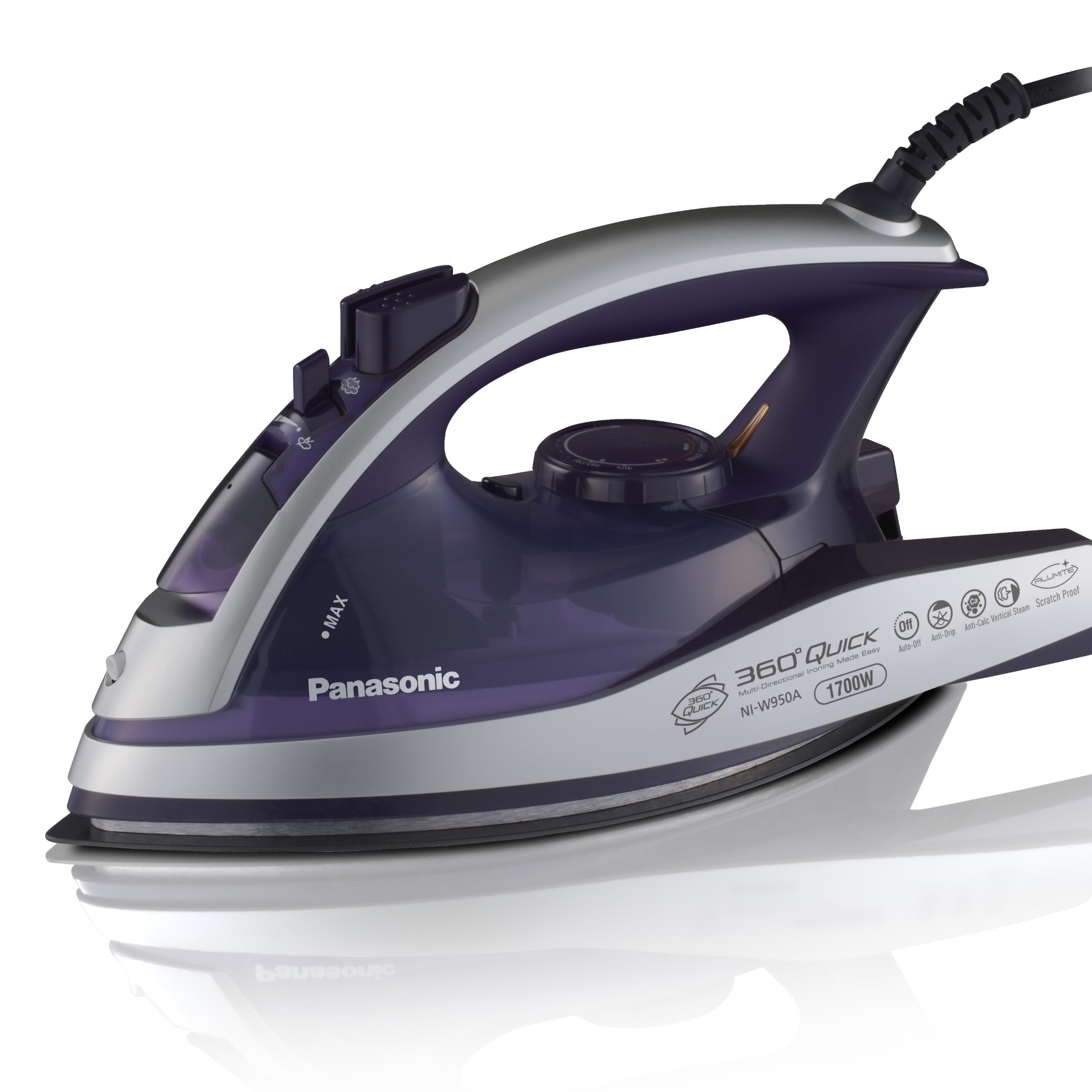 Panasonic Dry and Steam Iron with Alumite Soleplate, Fabric Temperature Dial and Safety Auto Shut Off ā 1700 Watt Multi Directional Iron ā NI-W950A, Purple